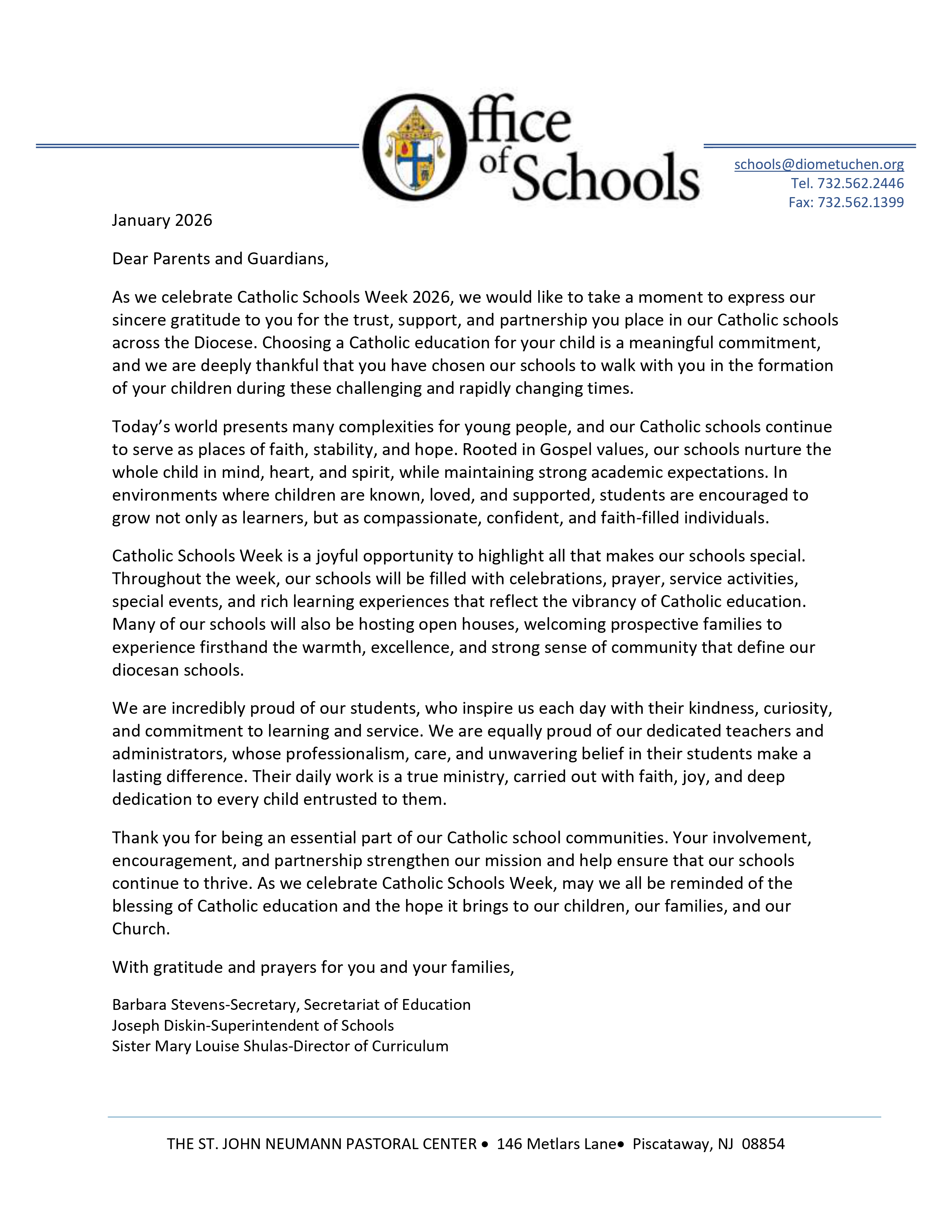 Catholic Schools Week Letter